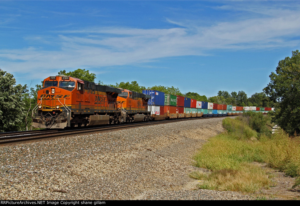 BNSF 7311 Rolls a WB stack train around a sweeping curve!